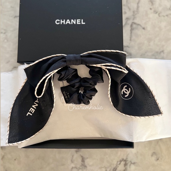 CHANEL | Accessories | Nwt 23a Chanel Black White Logo Silk Hair Tie ...